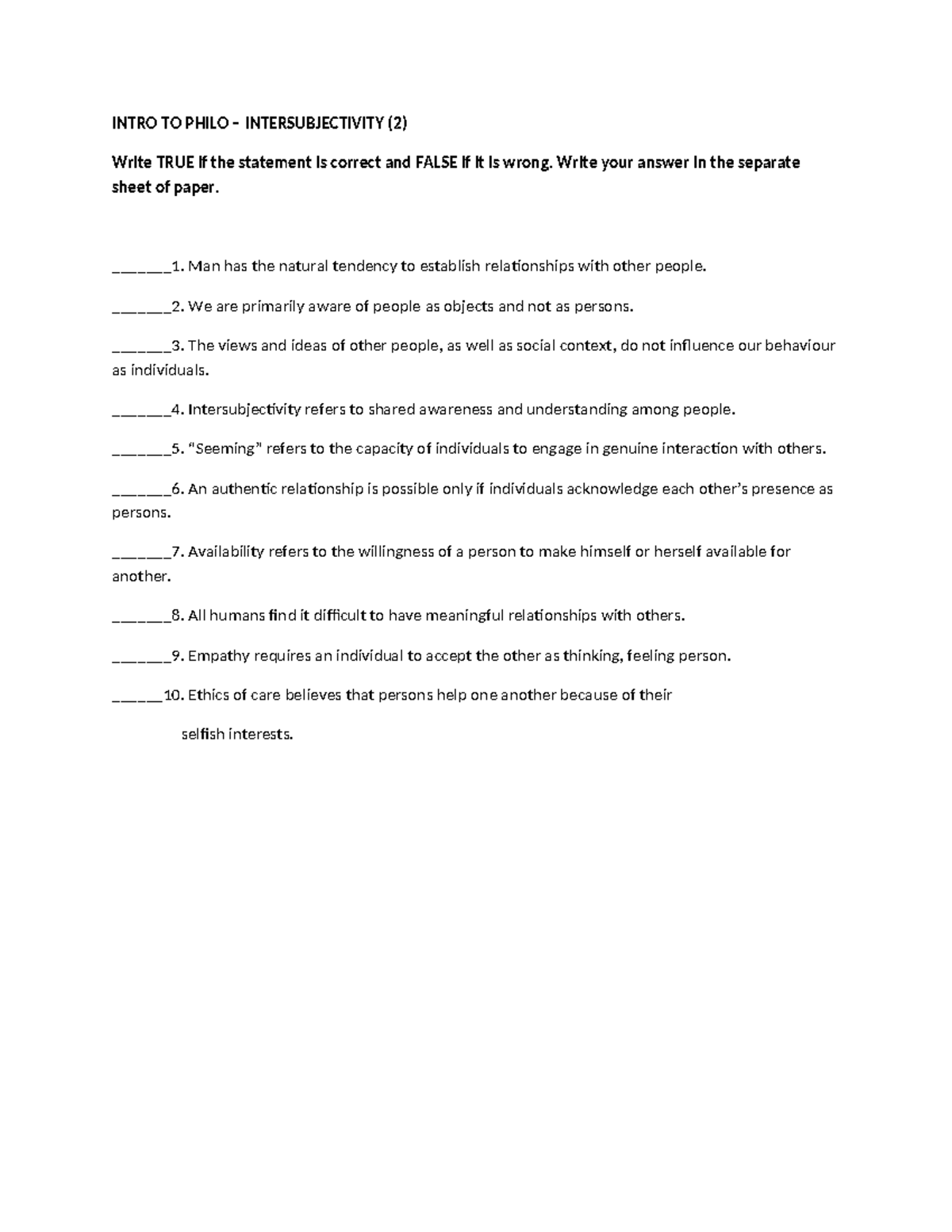 Intro TO Philo acivity 2 - INTRO TO PHILO – INTERSUBJECTIVITY (2) Write ...