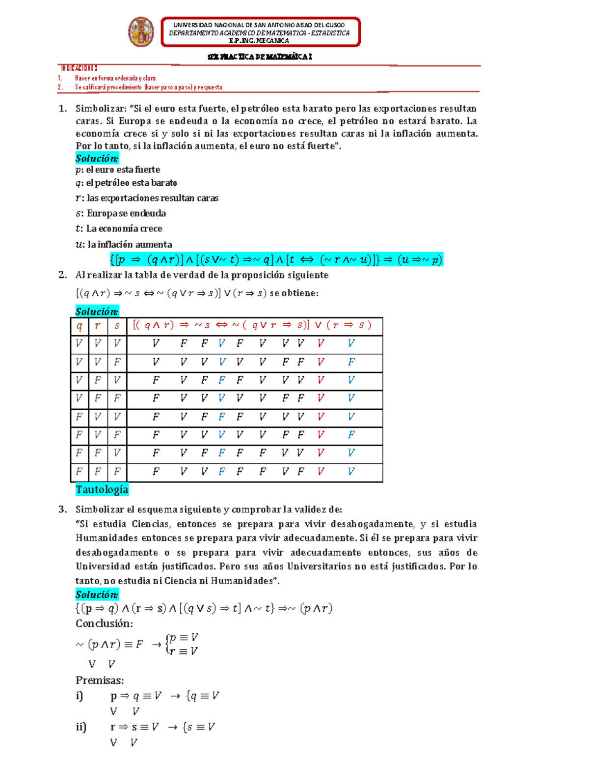 Resolucion de examen de Practica Algebra - UNIVERSIDAD NACIONAL DE SAN ...