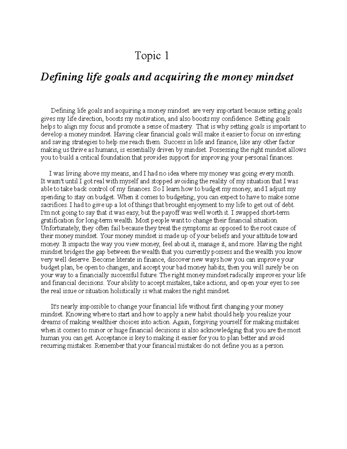 Reflection Paper - Students - Topic 1 Defining life goals and acquiring ...