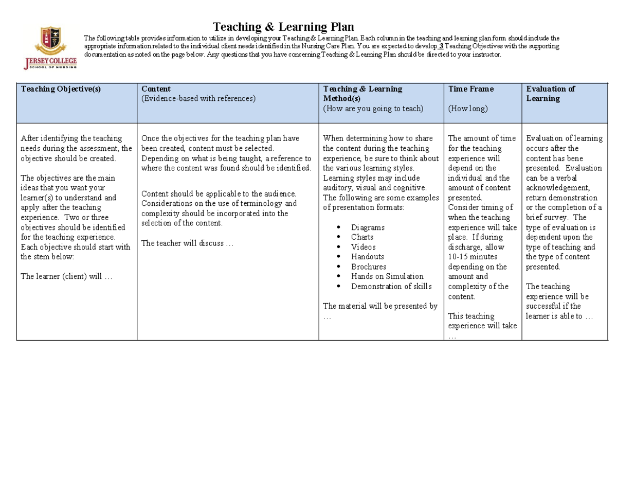 OB Teaching Plan - Teaching & Learning Plan The following table ...