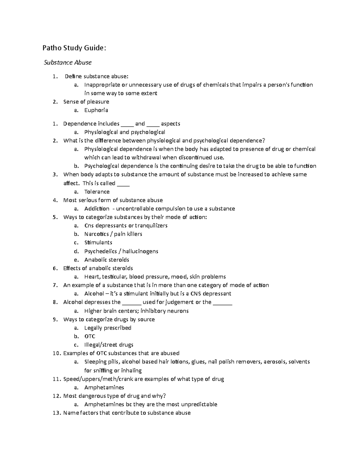 Patho Study Guide - Substance Abuse Exam 3 - Patho Study Guide ...