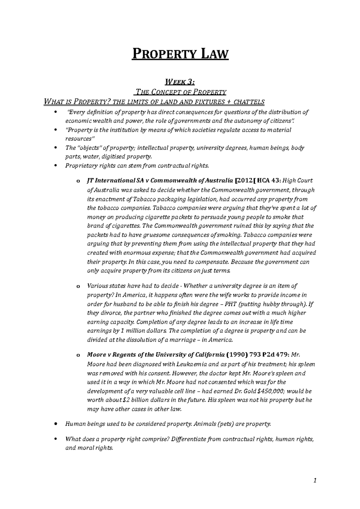 Property-Law-Notes - P ROPERTY LAW WEEK 3: T HE CONCEPT OF PROPERTY W ...