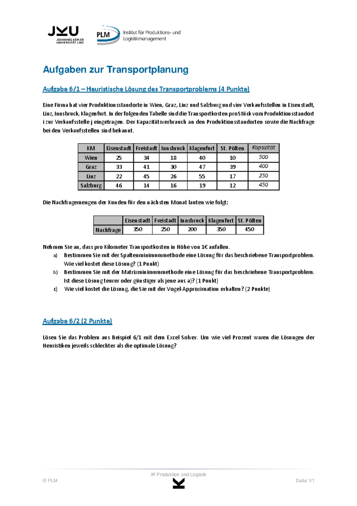 Aufgabe 6 Transportplanung - IK Produktion und Logistik PLM Seite 1 ...