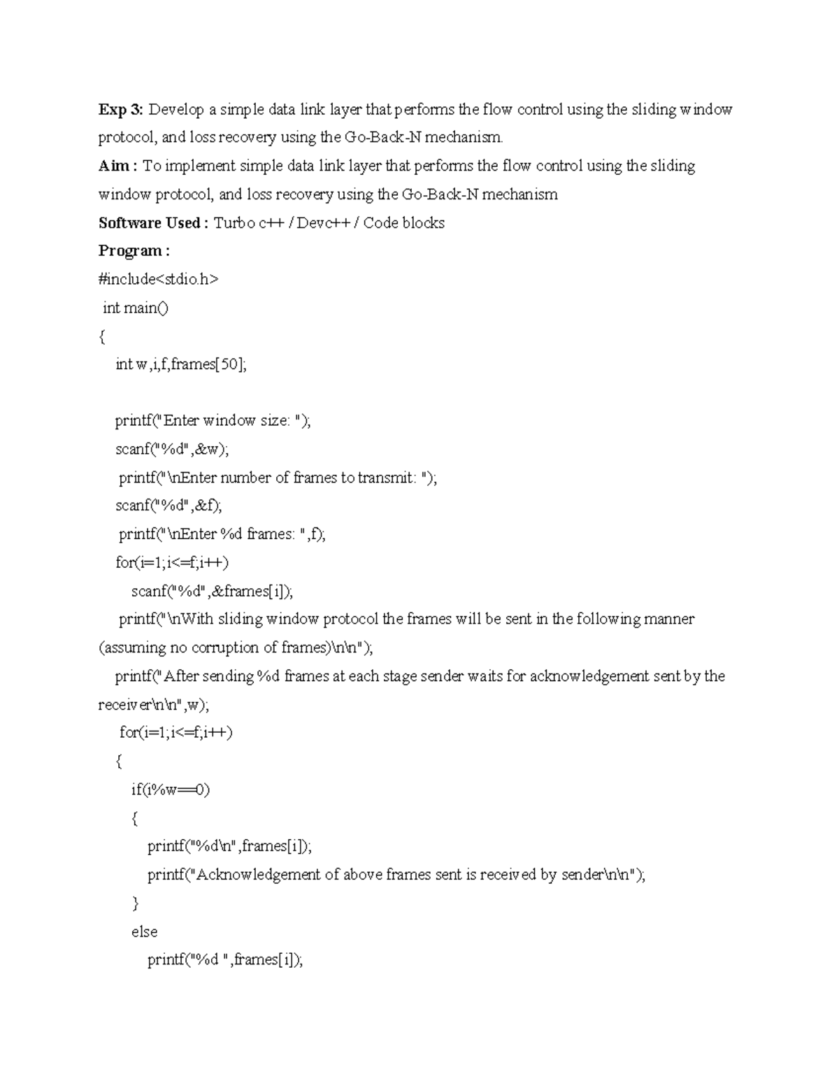 Cn Lab Exp 3 Cn Lab Materials Exp 3 Develop A Simple Data Link Layer That Performs The Flow