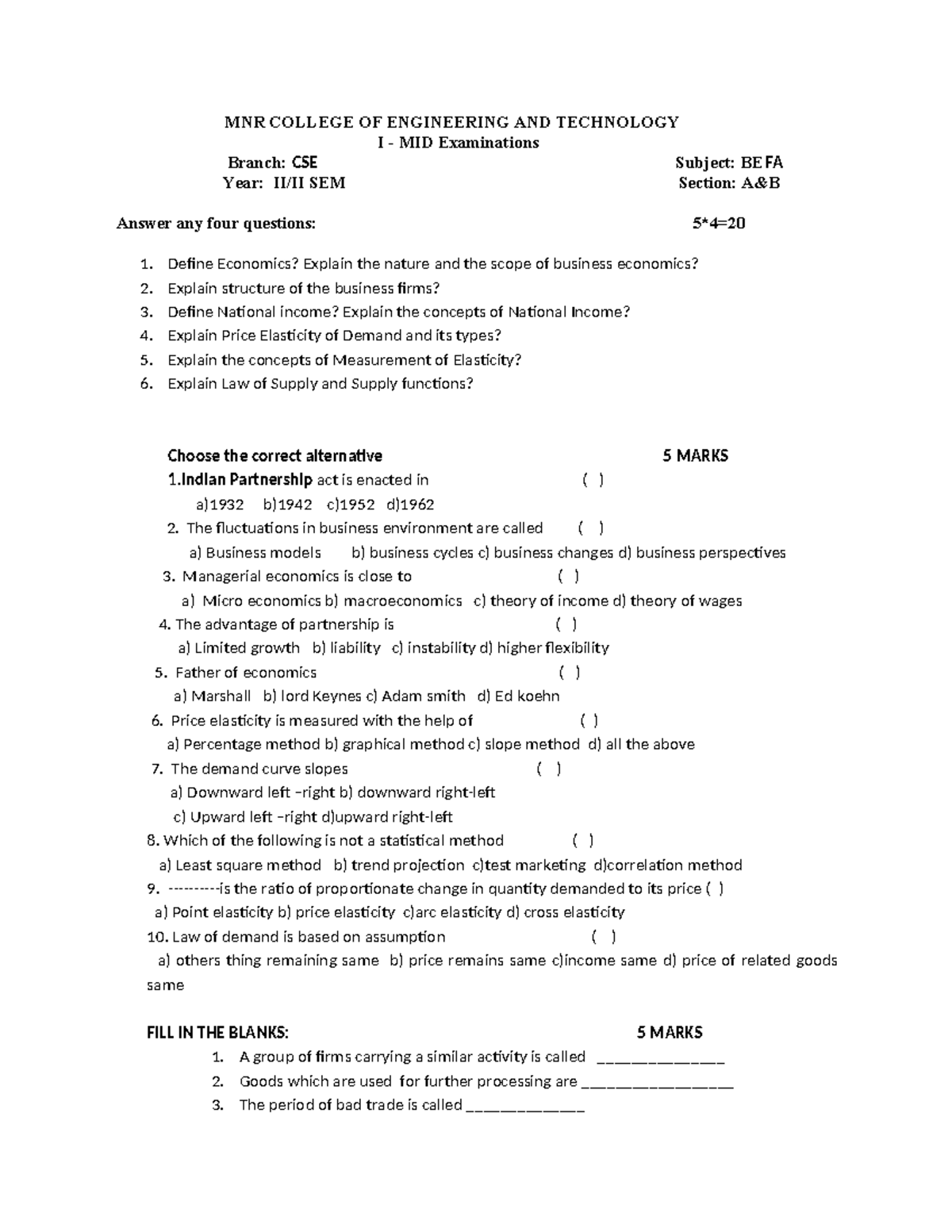 BEFA MID 1 QP - MNR COLLEGE OF ENGINEERING AND TECHNOLOGY I - MID ...