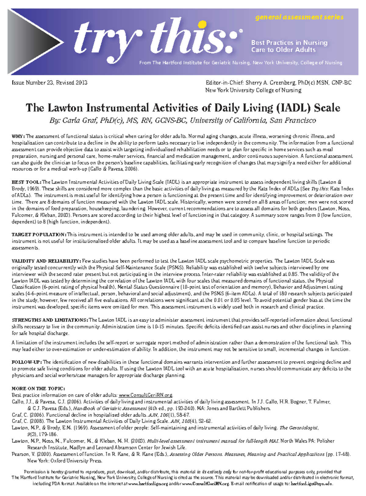 AL 4 Lawton Instrumental ADL Scale - From The Hartford Institute for ...