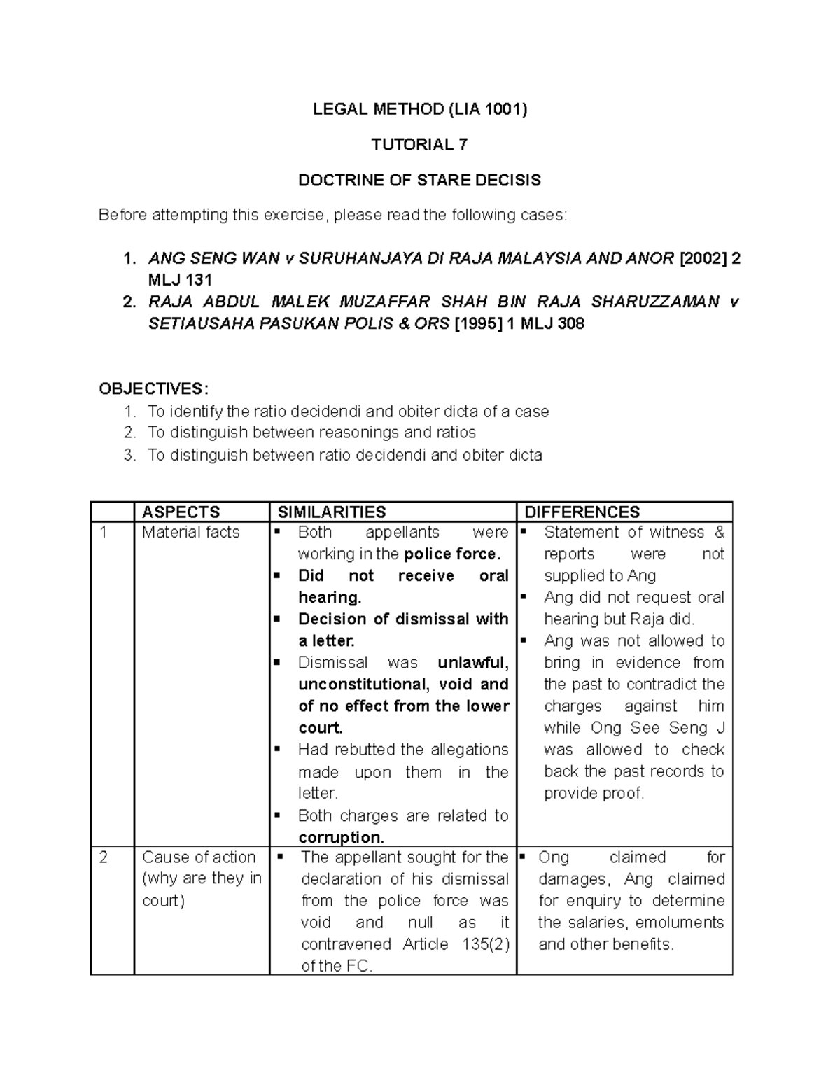 Tutorial 7 stare decisis: learning the doctrine - LEGAL METHOD (LIA 1001) TUTORIAL 7 DOCTRINE OF ...