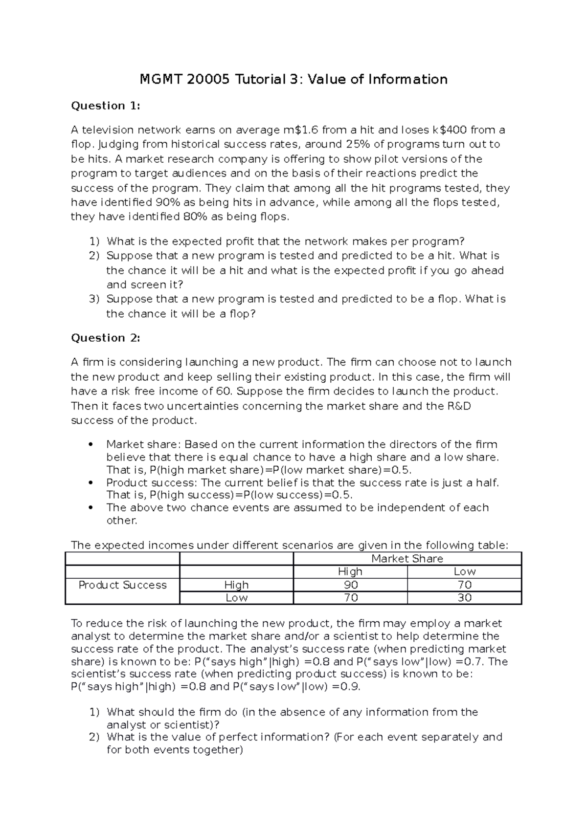 Bda Tutorial 3 Decision Tree Analysis Ex Mgmt Tutorial 3 Value Of Information Question 1 A