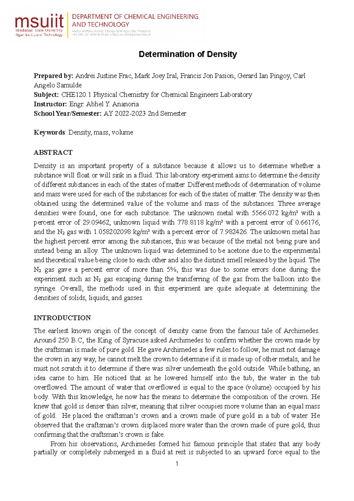 The Determination of Density - Determination of Density Prepared by: Andrei Justine Frac, Mark ...