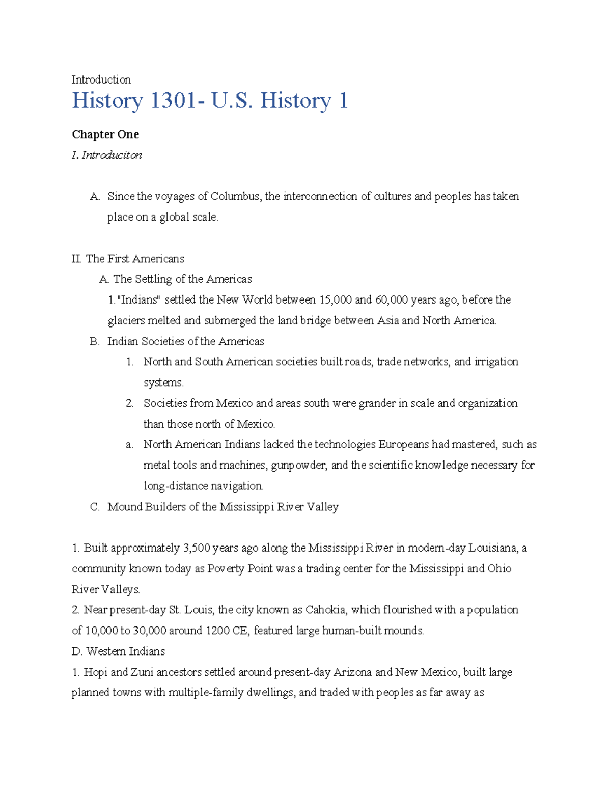US History 1 - Introduction History 1301- U. History 1 Chapter One I ...