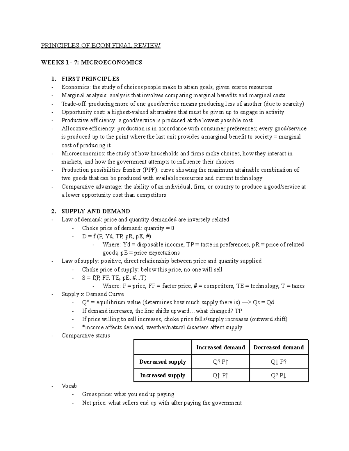 Final Review Guide - PRINCIPLES OF ECON FINAL REVIEW WEEKS 1 - 7 ...