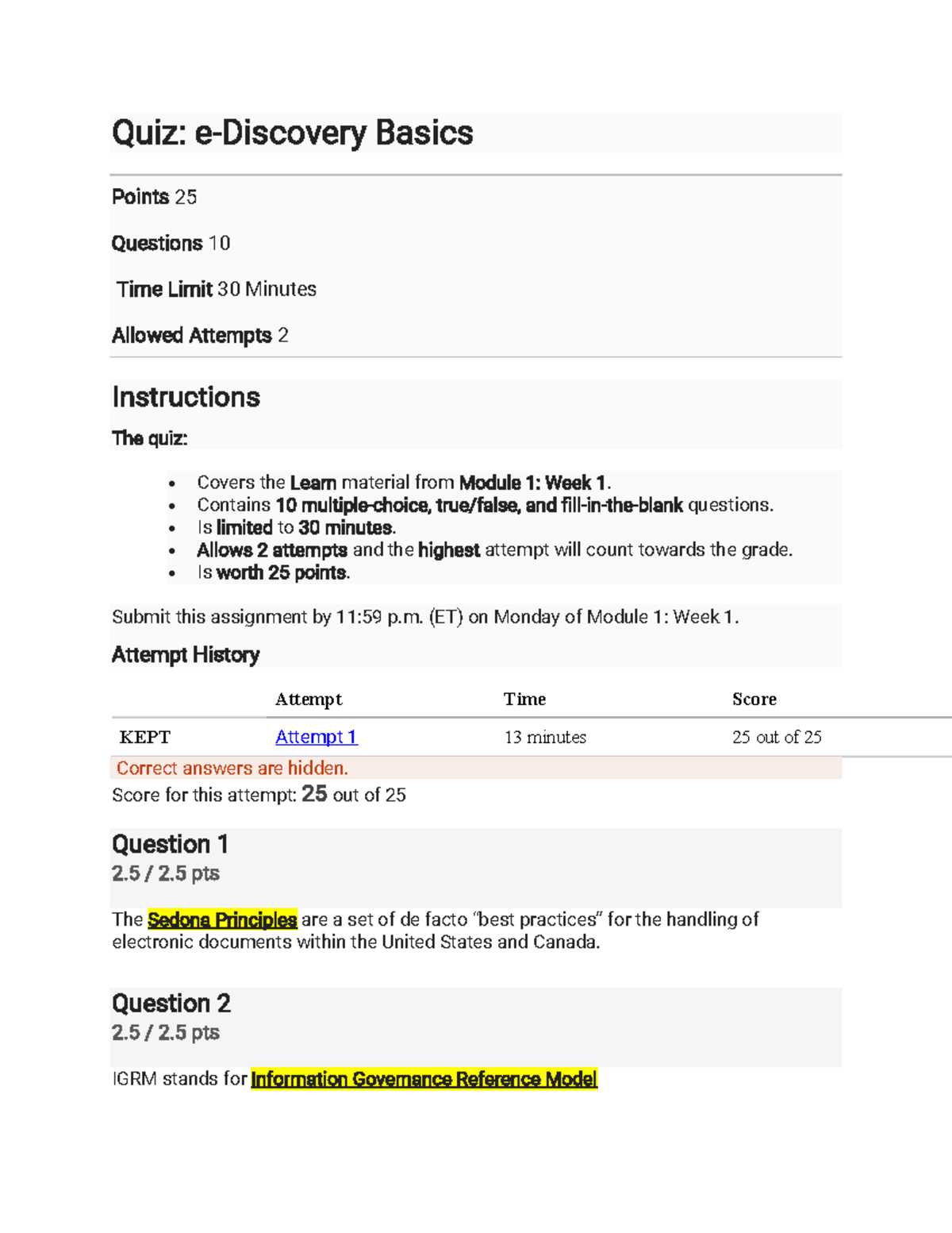 Quiz 1 e-Discovery Basics Intro to e Discovery PLST 210 - Quiz: e ...