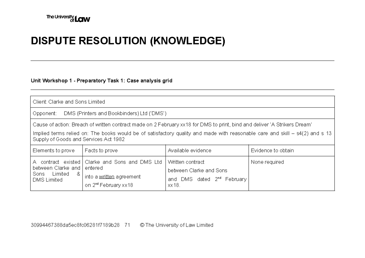 Workshop 1 Case Analysis Grid - DISPUTE RESOLUTION (KNOWLEDGE) Unit ...