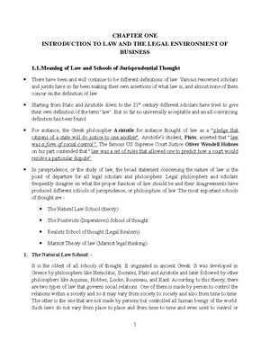 Introduction to law - Lecture notes 1 - CHAPTER ONE INTRODUCTION TO LAW ...