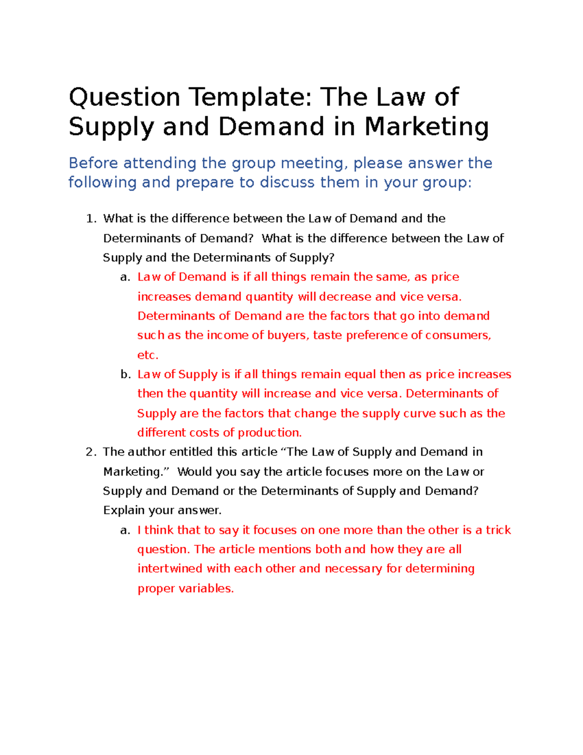 Econ151 document QT-W02 Law Of Supplyand Demandin Marketing - Question ...