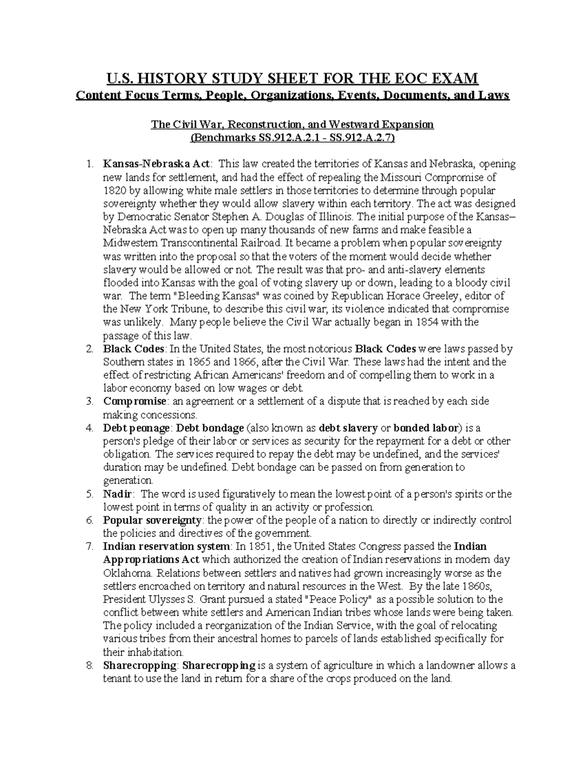U S History Study Guide By Benchmark - U. HISTORY STUDY SHEET FOR THE ...