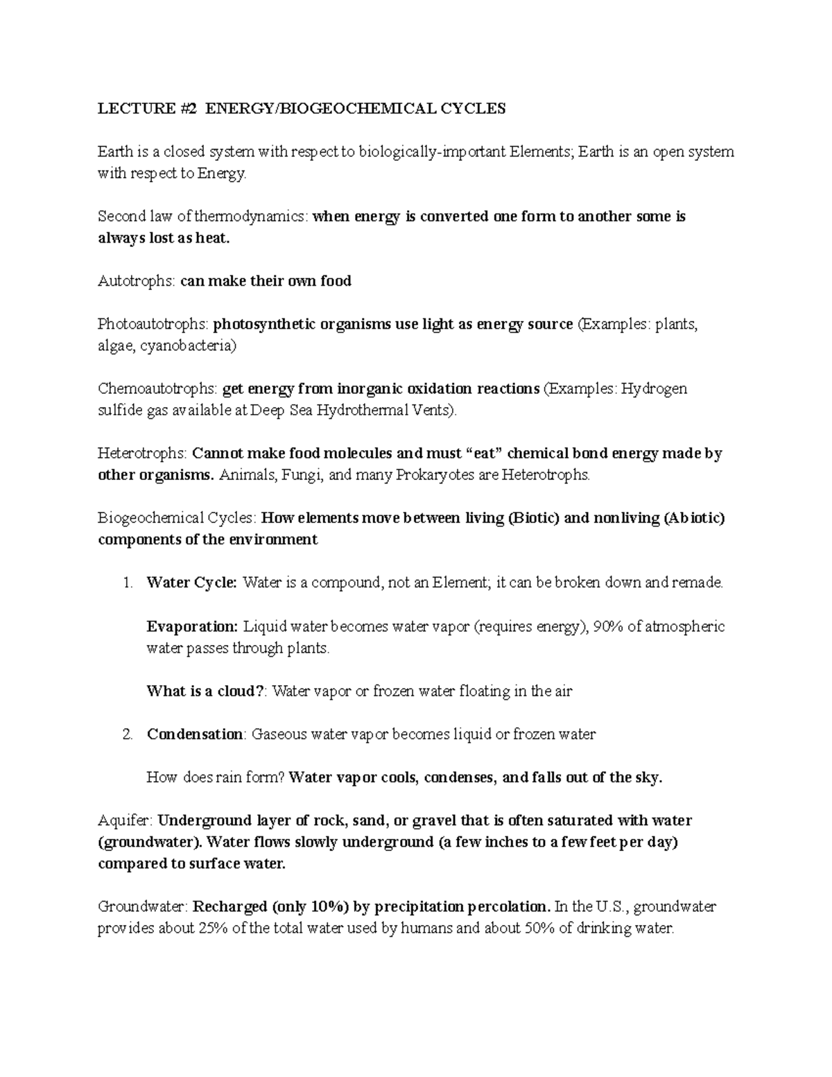 Biol 1102 Study Guide 2 - LECTURE #2 ENERGY/BIOGEOCHEMICAL CYCLES Earth ...