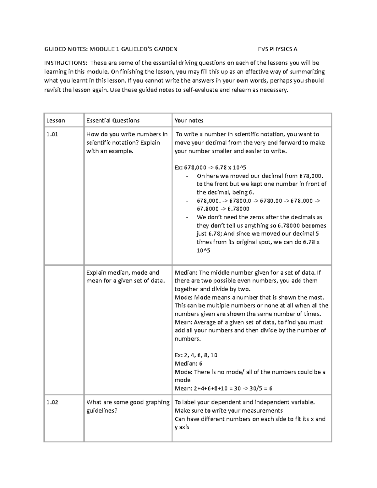 Guided Notes MOD 1- Fvsphysics A - GUIDED NOTES: MODULE 1 GALIELEO’S ...