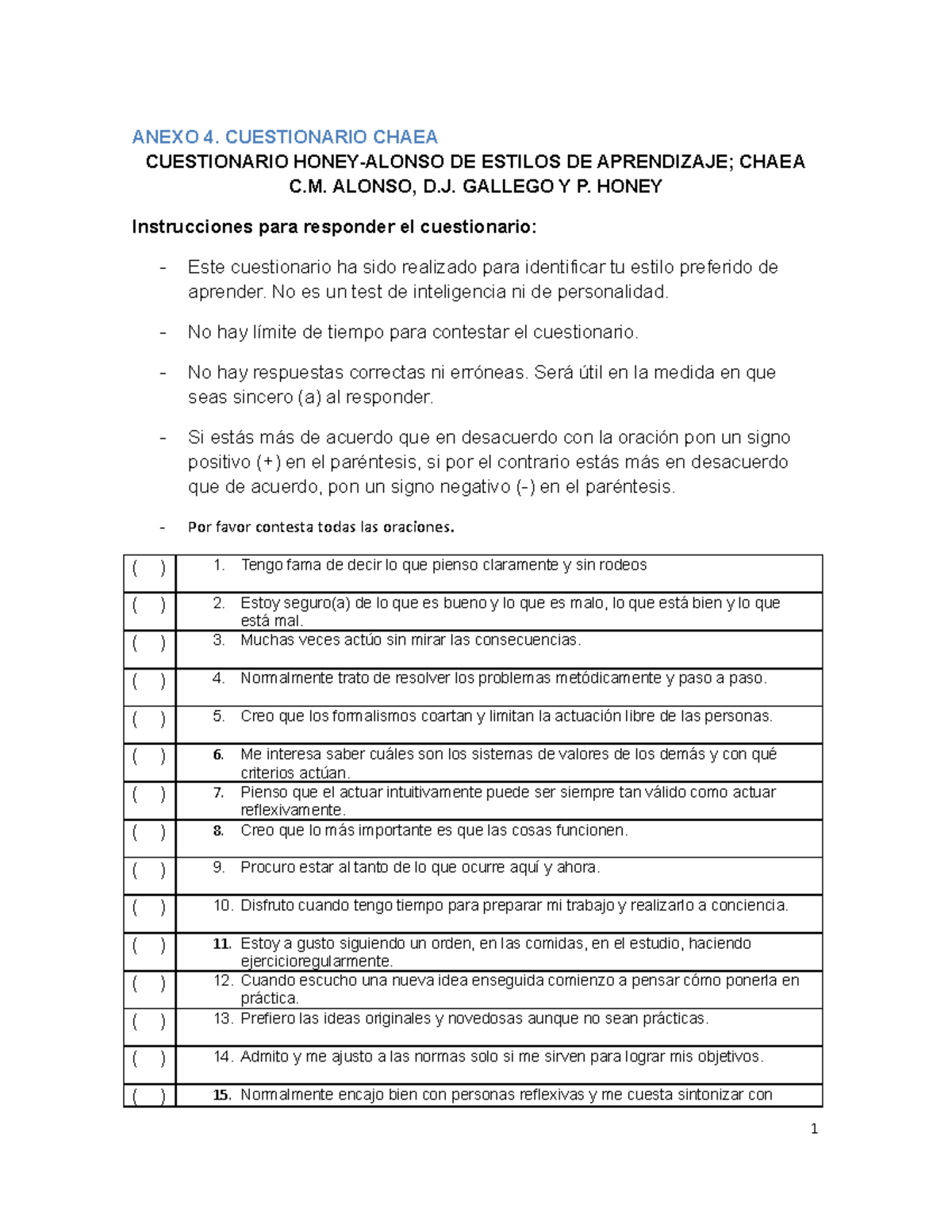 Test estilo de enseñanza - test estilo de aprendizaje - ANEXO 4 ...