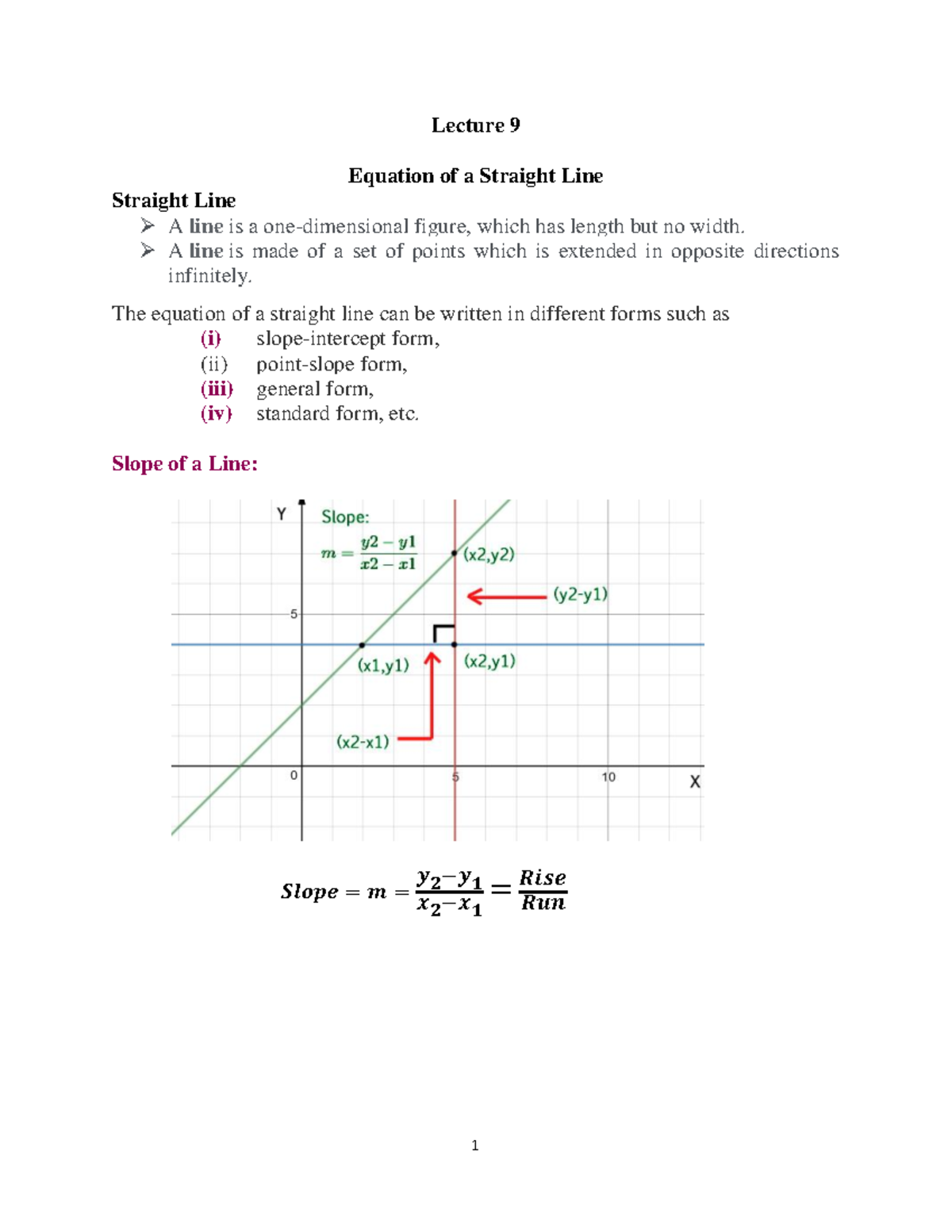 Lecture 9 Straight Lines 1.docx - Lecture 9 Equation of a Straight Line Straight Line A line is ...