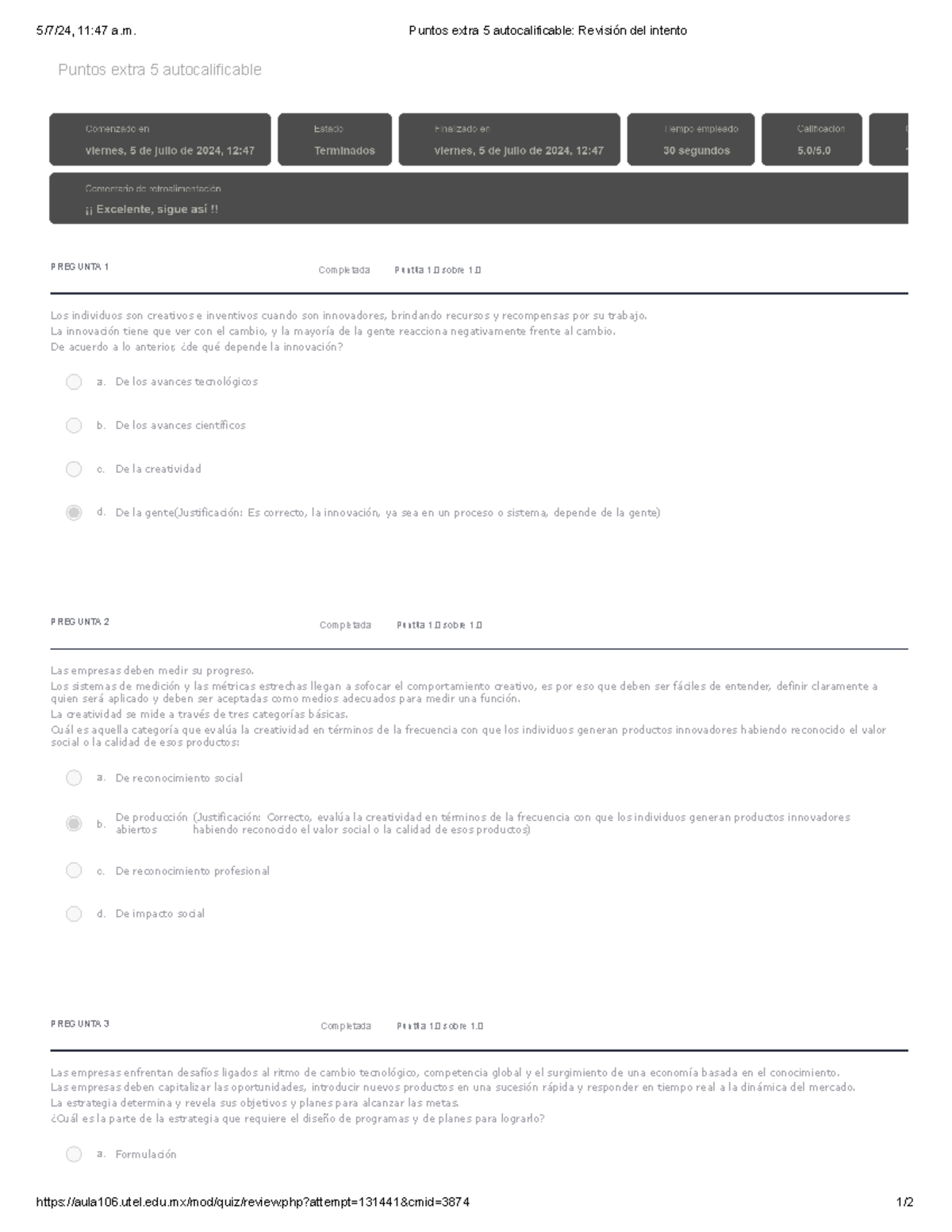 Puntos extra 5 autocalificable Revisión del intento - Puntos extra 5 ...