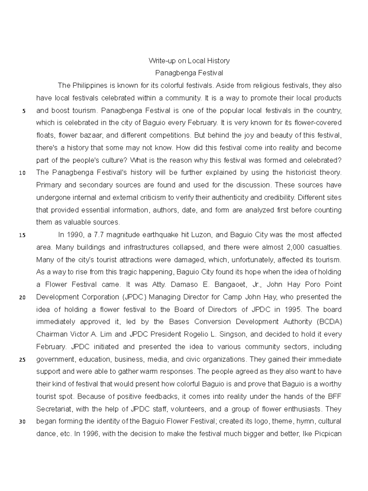 Panagbenga Write up - Write-up on Local History Panagbenga Festival The ...