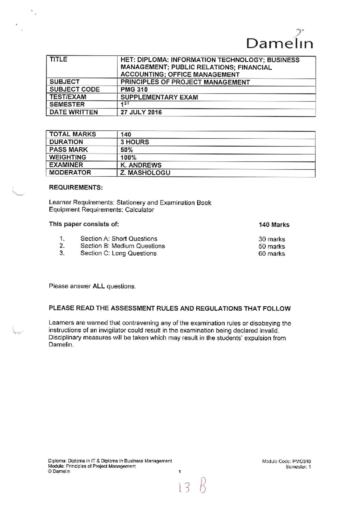 Principles of Project Management (supp exam) 2016 - Damelin TITLE HET ...