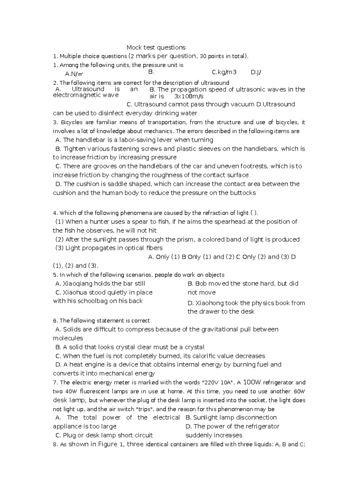 Mock test questions - Physical homework to be completed - Mock test ...