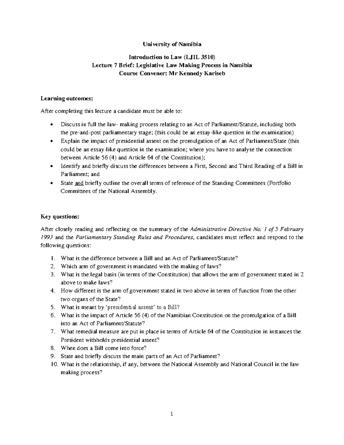 Lecture Brief 7 Legislative Law Making Process - University of Namibia ...