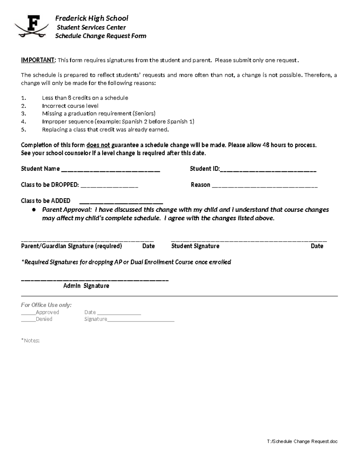 Schedule Change Form 2024 - Frederick High School Student Services ...