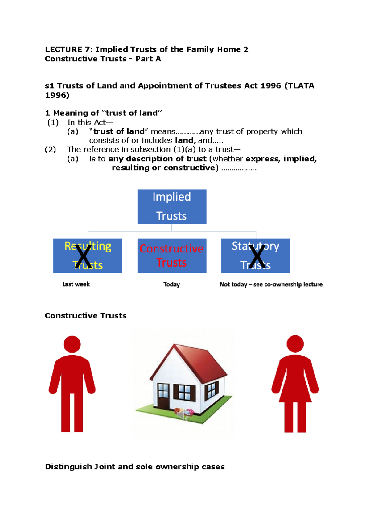 law lecture notes 3 - LECTURE 7: Implied Trusts of the Family Home 2 ...