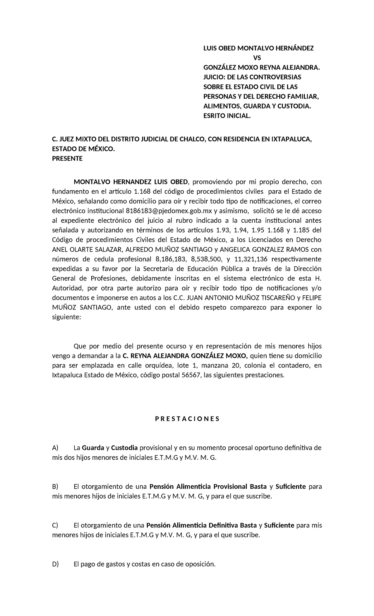 Escrito Inicial - juicio de guarda y custodia, pensión alimenticia ...