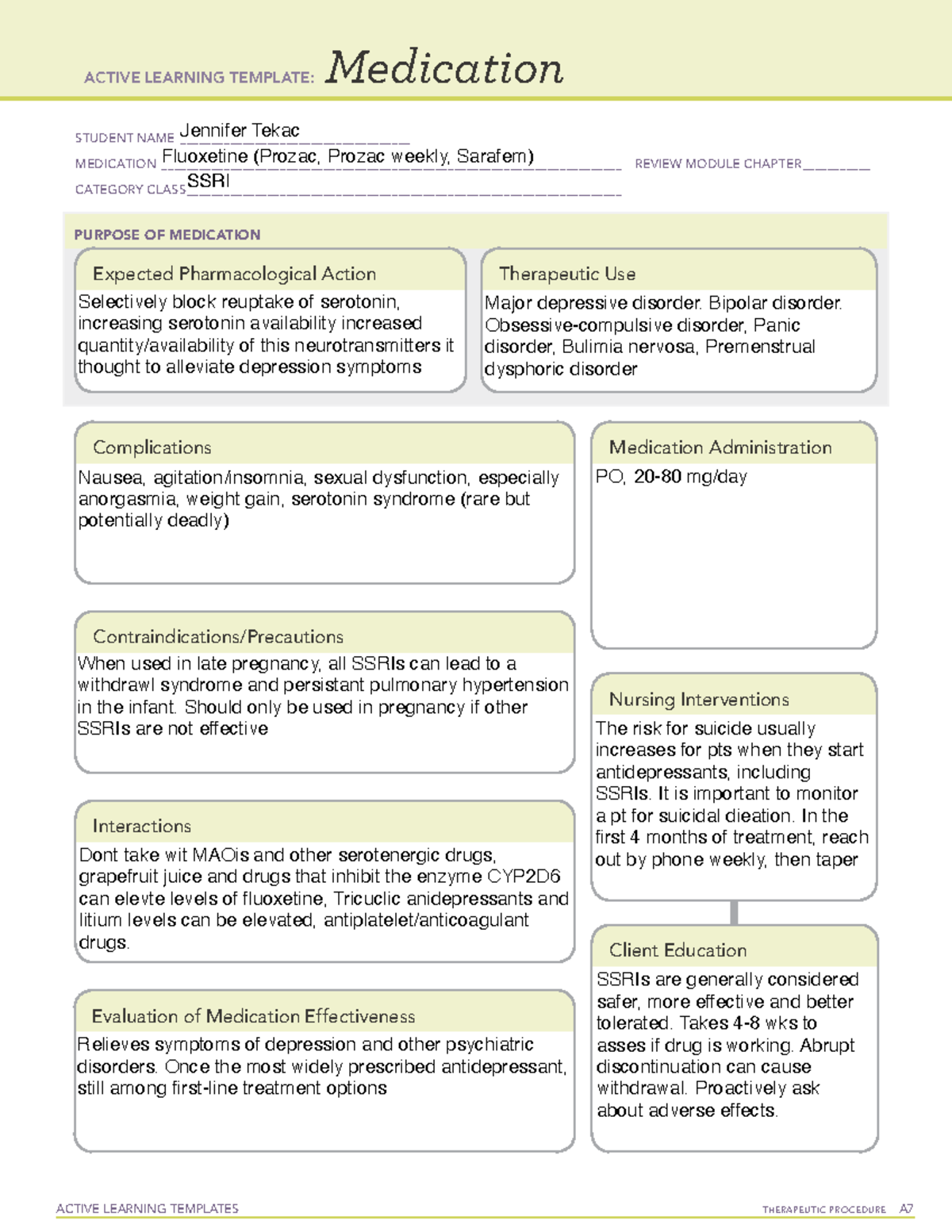 Medication Fluoxetine - ACTIVE LEARNING TEMPLATES TherapeuTic procedure ...
