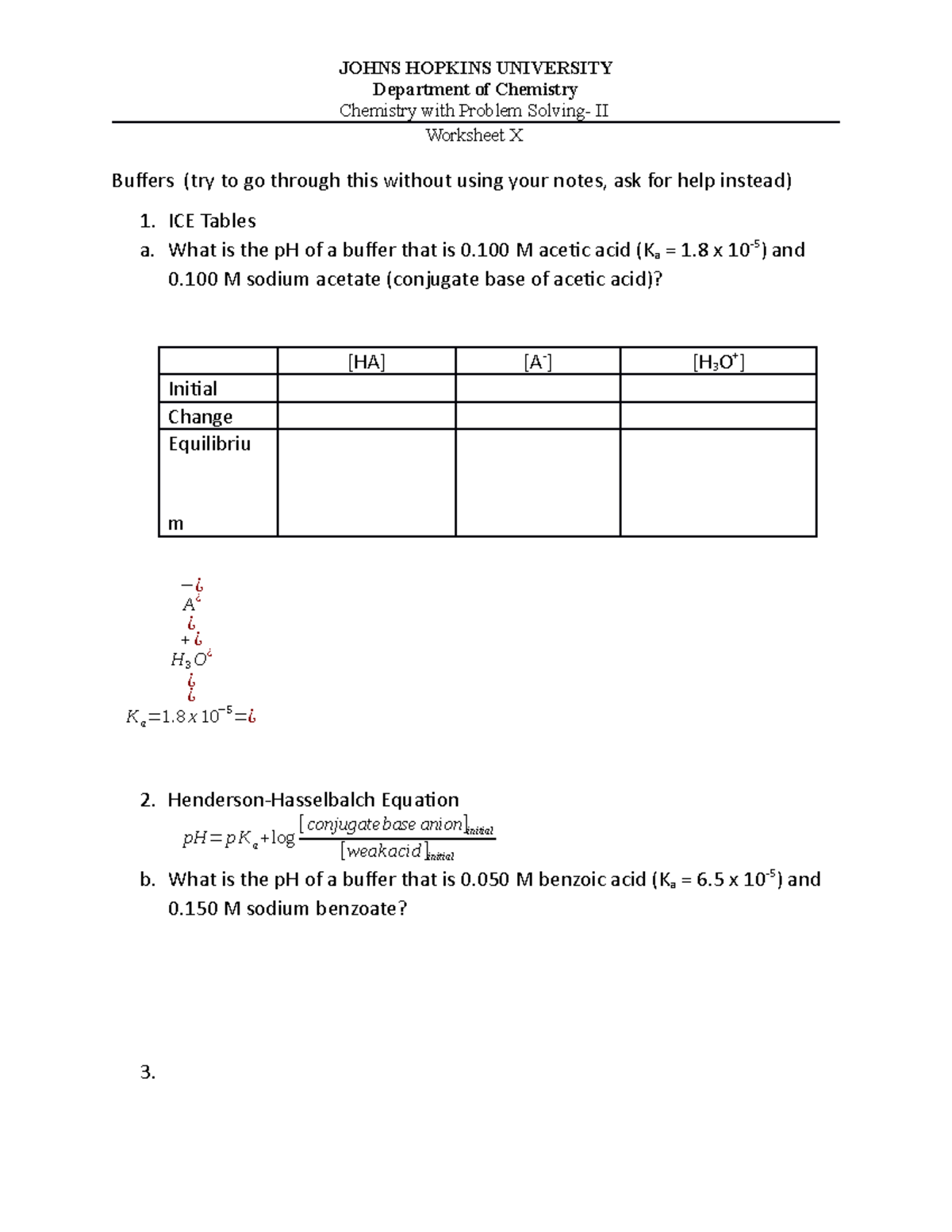 Problem solving worksheet acid base buffers feb 5 - JOHNS HOPKINS ...