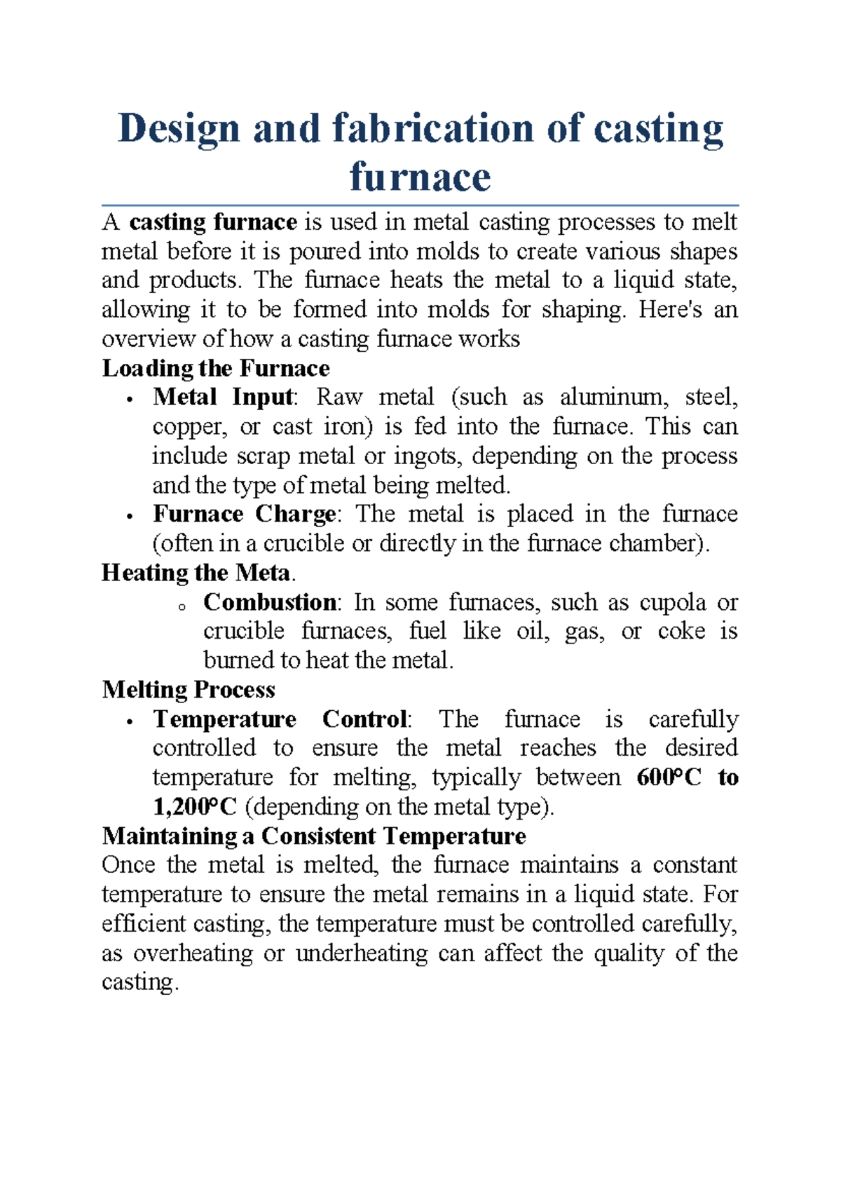 Design and fabrication of casting furnace - Design and fabrication of ...