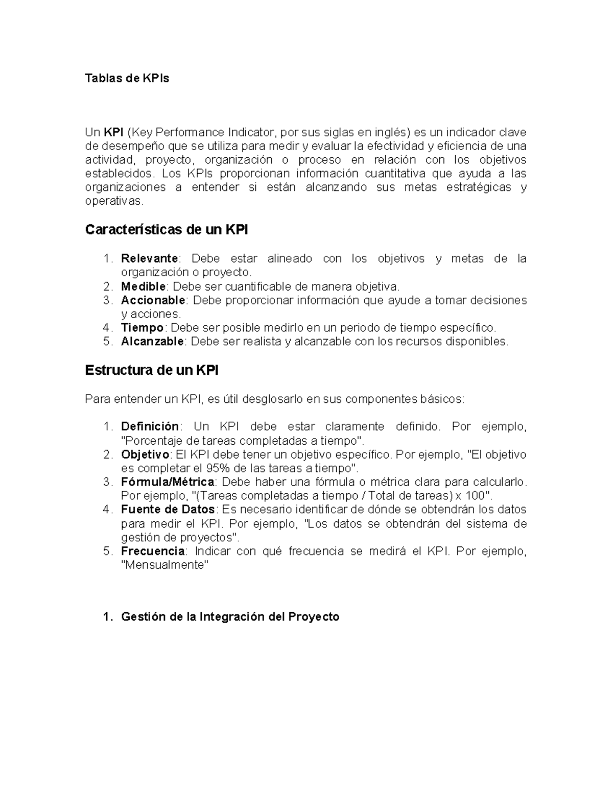 Tablas de KPIs - TRABAJO - Tablas de KPIs Un KPI (Key Performance ...