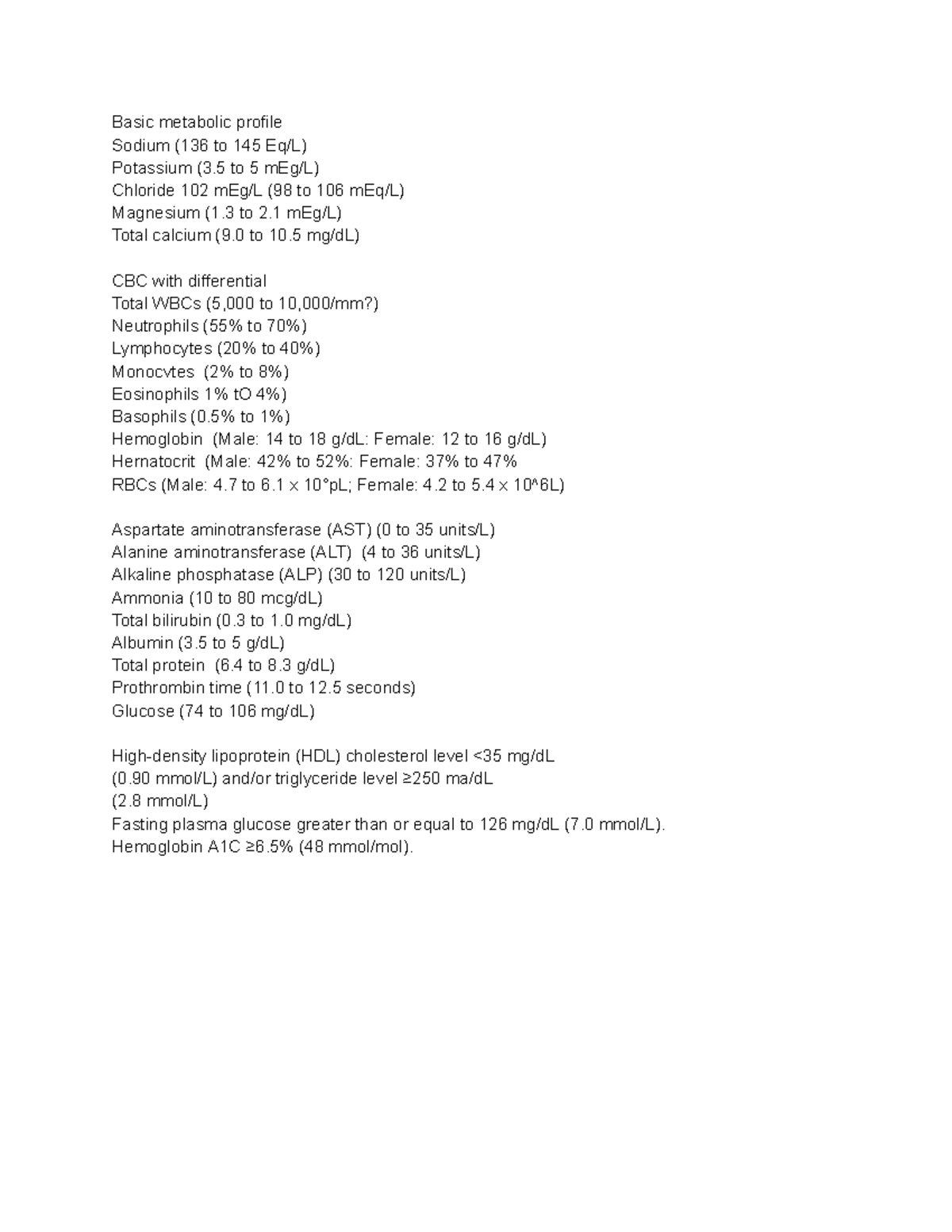Med Surge 2 Note sheet - Basic metabolic profile Sodium (136 to 145 Eq ...