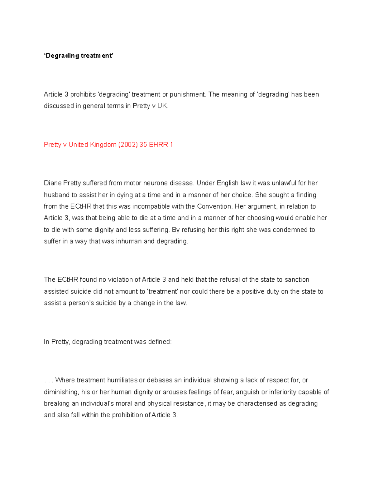 Torture and inhuman treatment - ‘Degrading treatment’ Article 3 ...