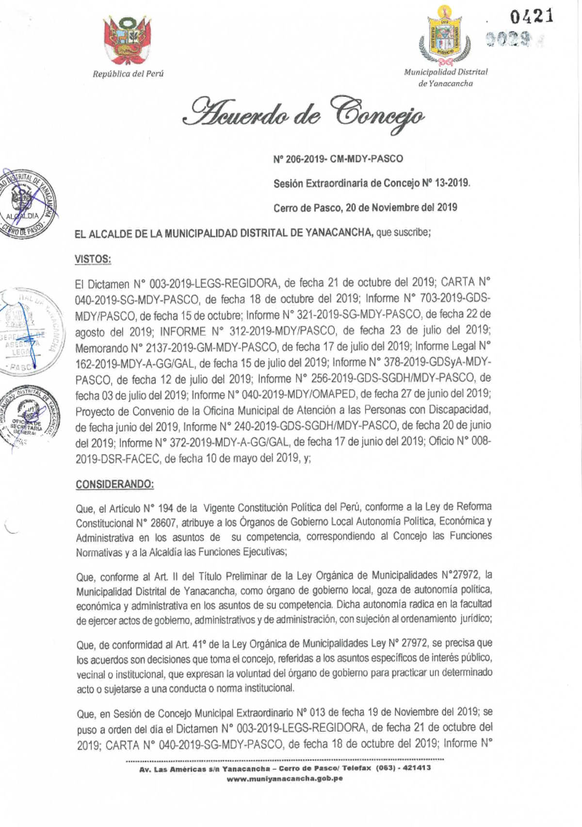 Acuerdo de Concejo N°206-2019-CM-MDY- Pasco - 0421 9029 República del ...