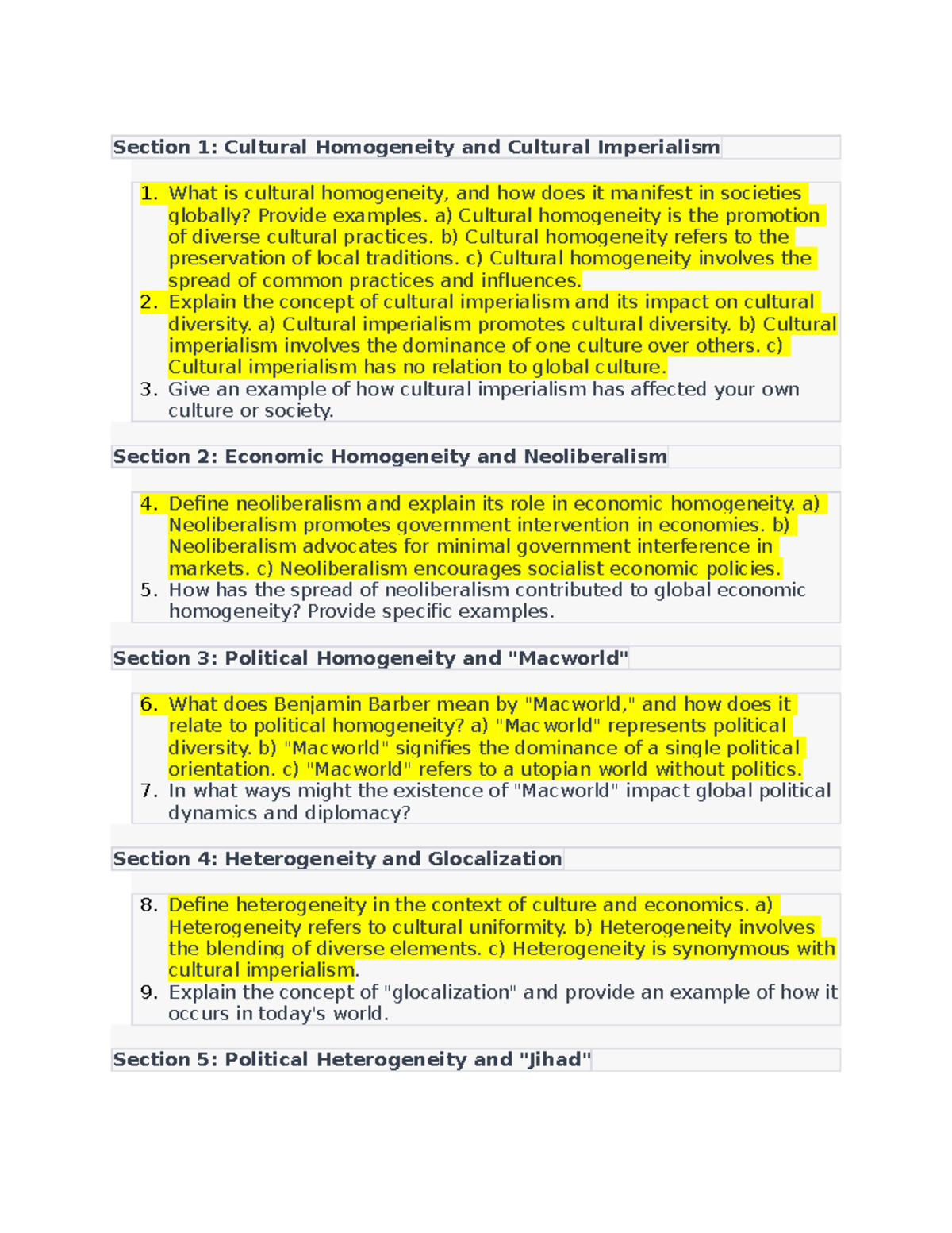 GE 7 Test Answer - N/A - Section 1: Cultural Homogeneity and Cultural ...