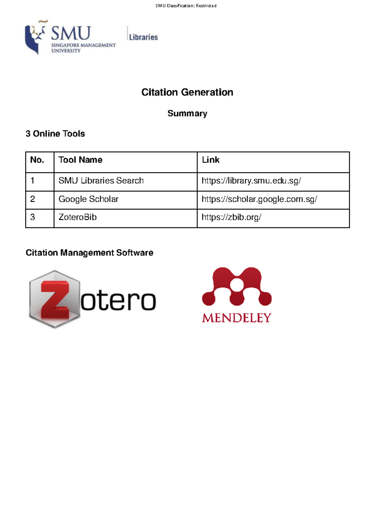 Summary of Citation Tools - COR1100 - SMU Classification: Restricted ...