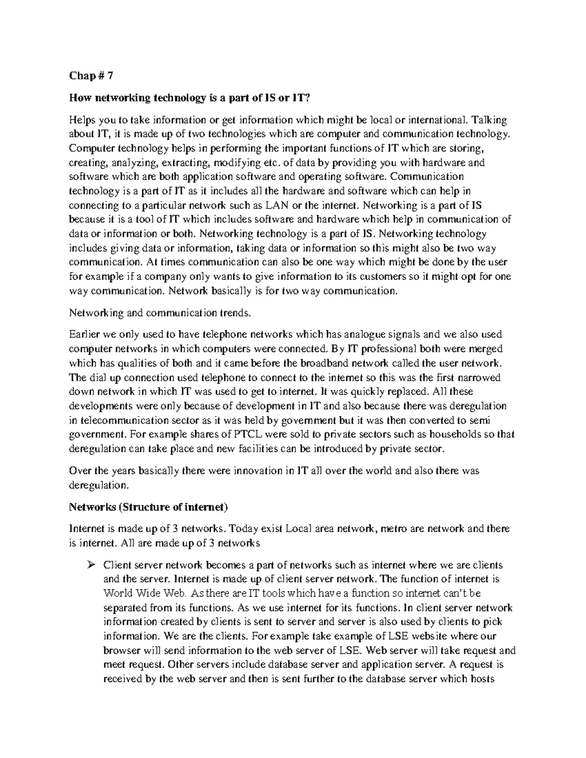 Computing Chap 7 - detailed analysis - Chap # 7 How networking technology is a part of IS or IT ...