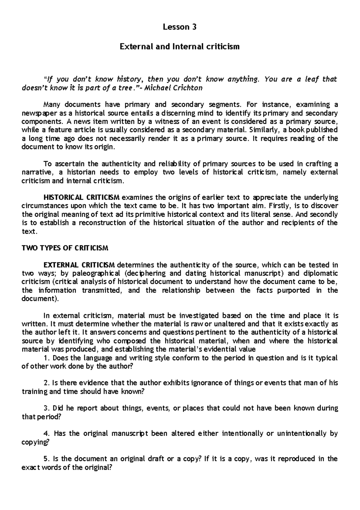 Rphil - Rph reviewer - Lesson 3 External and Internal criticism “If you ...