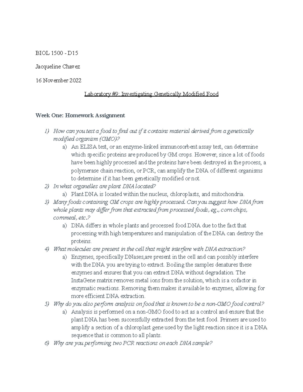 BIO Lab #9 - Lab Report #9 - BIOL 1500 - D Jacqueline Chavez 16 ...