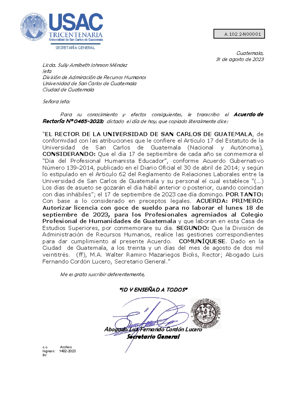 Circular JDFH-No. 033-2023, DARH AR. 465-2023 Profesional de ...