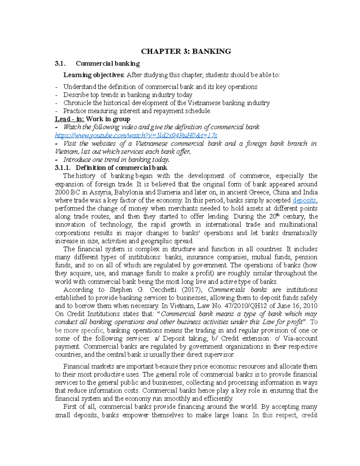 Chapter 3 - CHAPTER 3: BANKING Commercial banking Learning objectives ...