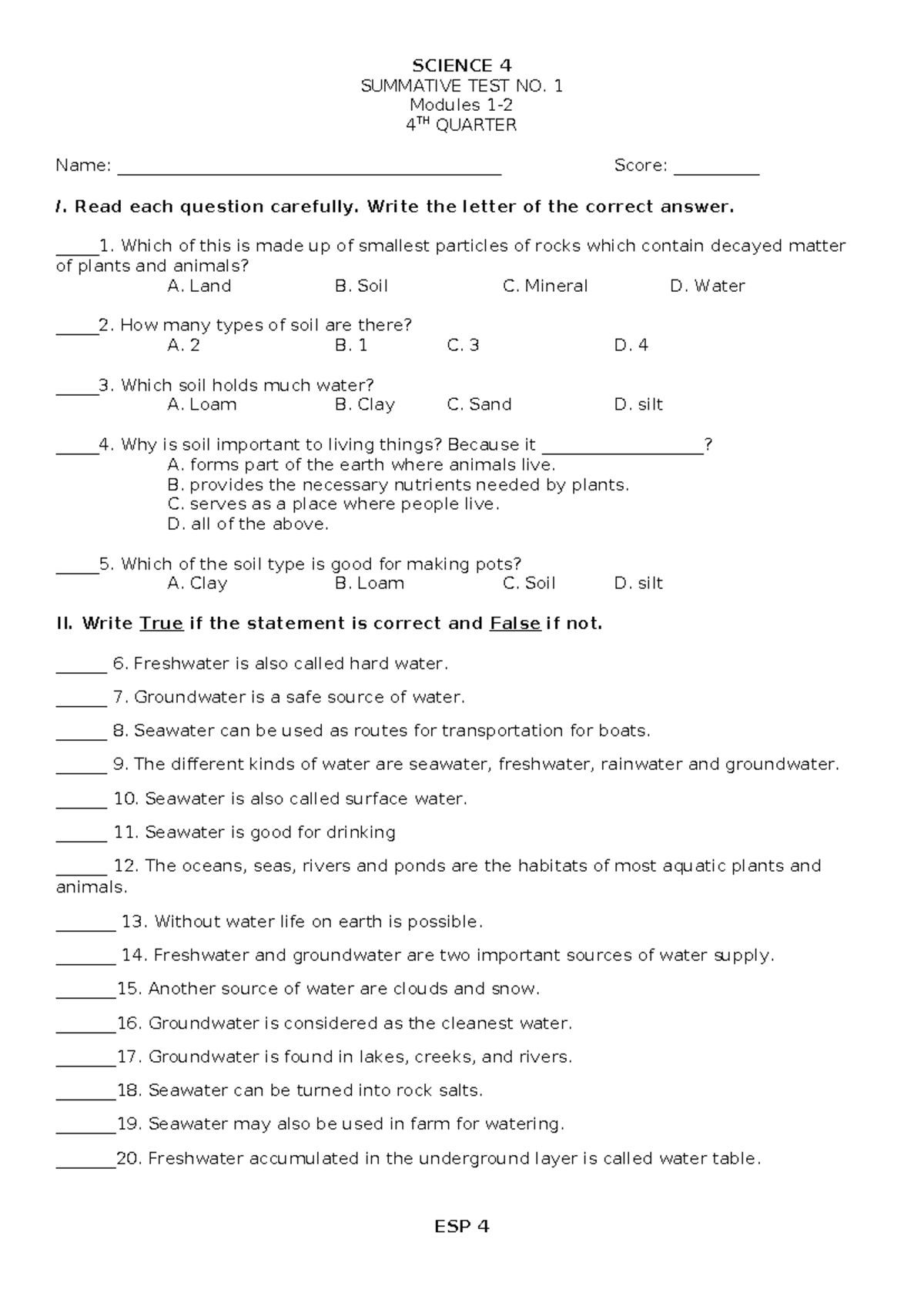 Summative TEST WK1-2 - notes - SCIENCE 4 SUMMATIVE TEST NO. 1 Modules 1 ...