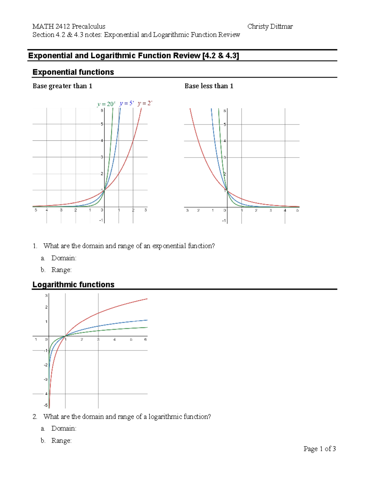 Notes 4-2 4-3 Exponential and Logarithmic Function Review - MATH 2412 ...
