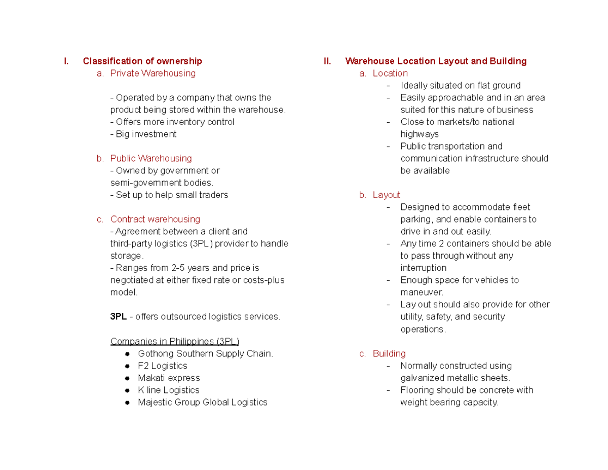 Warehouse Ownership Management - I. Classification of ownership a ...