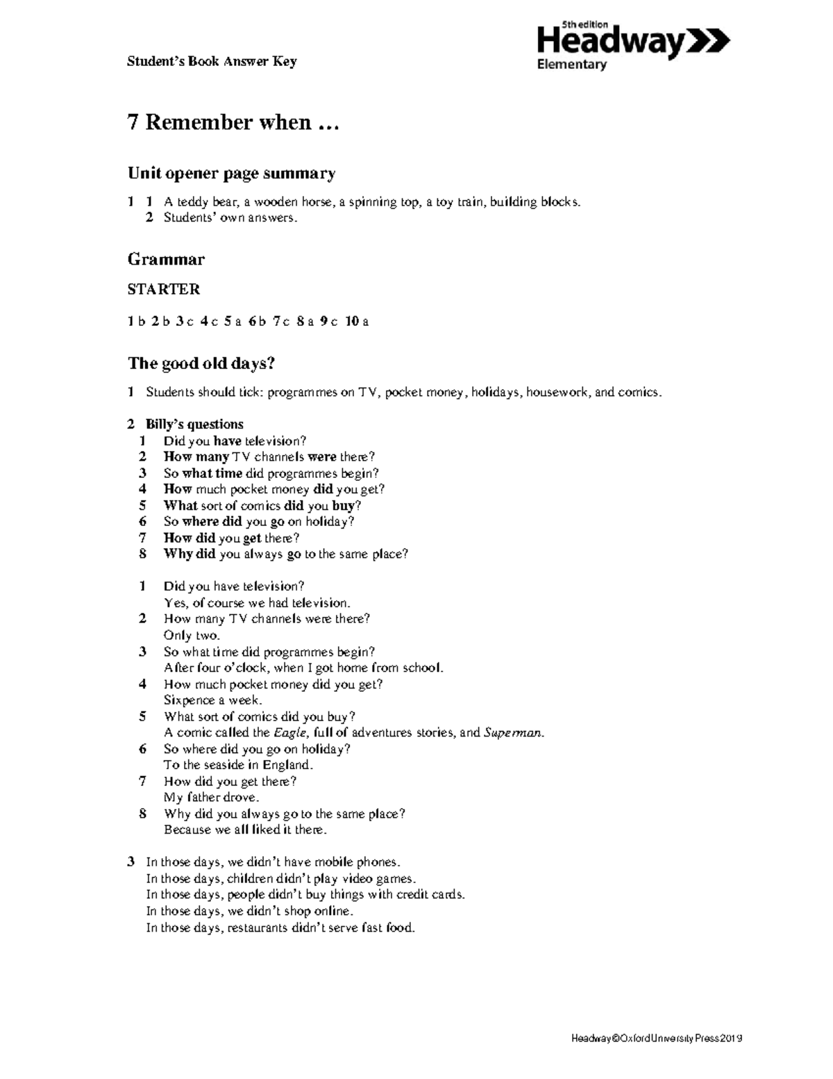 SB Unit 7 Headway 5e Elementary AK - 7 Remember when ... Unit opener page summary 1 1 A teddy ...